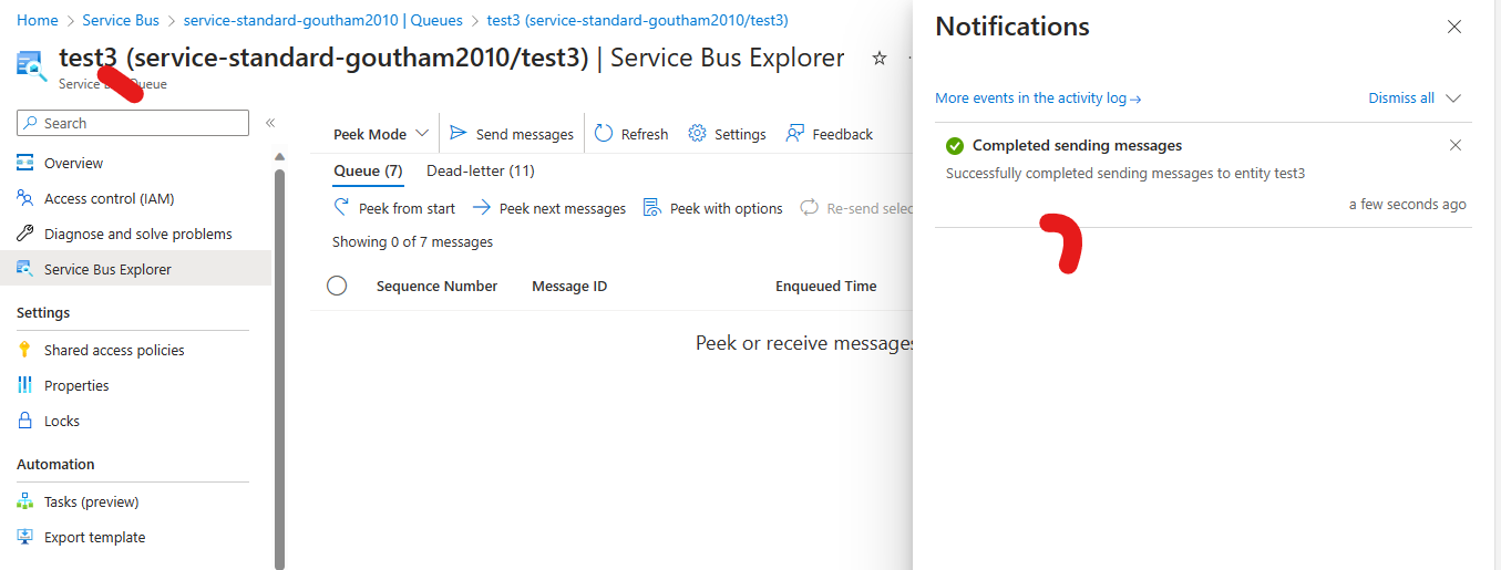 Standardreplication Tasks And Peeklock Unable To Peek Messages From One Servicebus Queue To