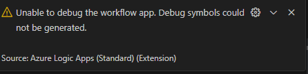 VS Code: Getting "**Unable to debug the workflow app, Debug symbols could not be generated ...