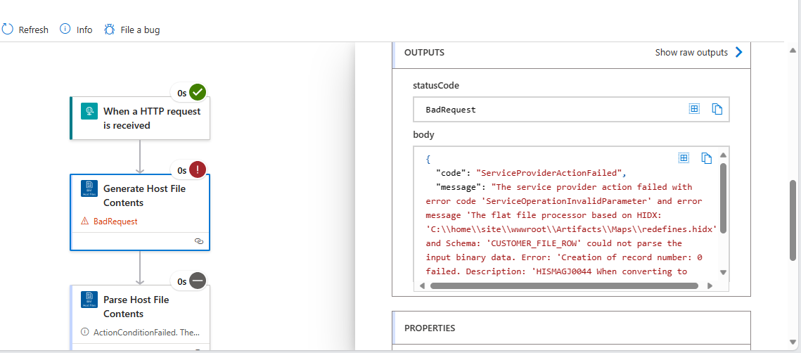 IBM host files action : Running trigger failed by showing server failure message and format of ...