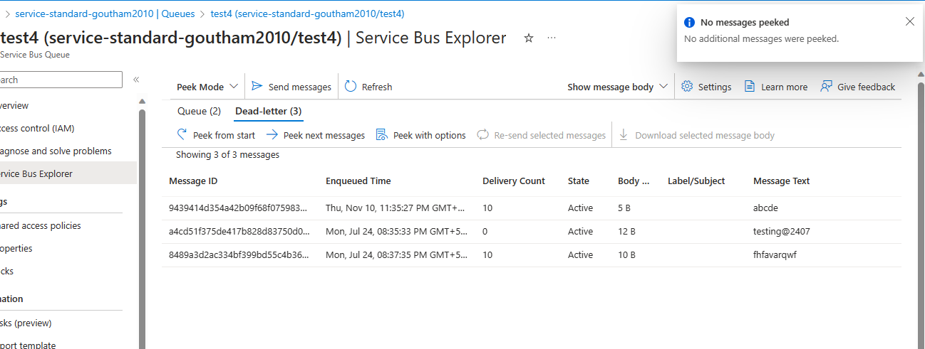 Replication Tasks and Peeklock : Unable to peek messages for Dead-letter the message/Abandon the ...