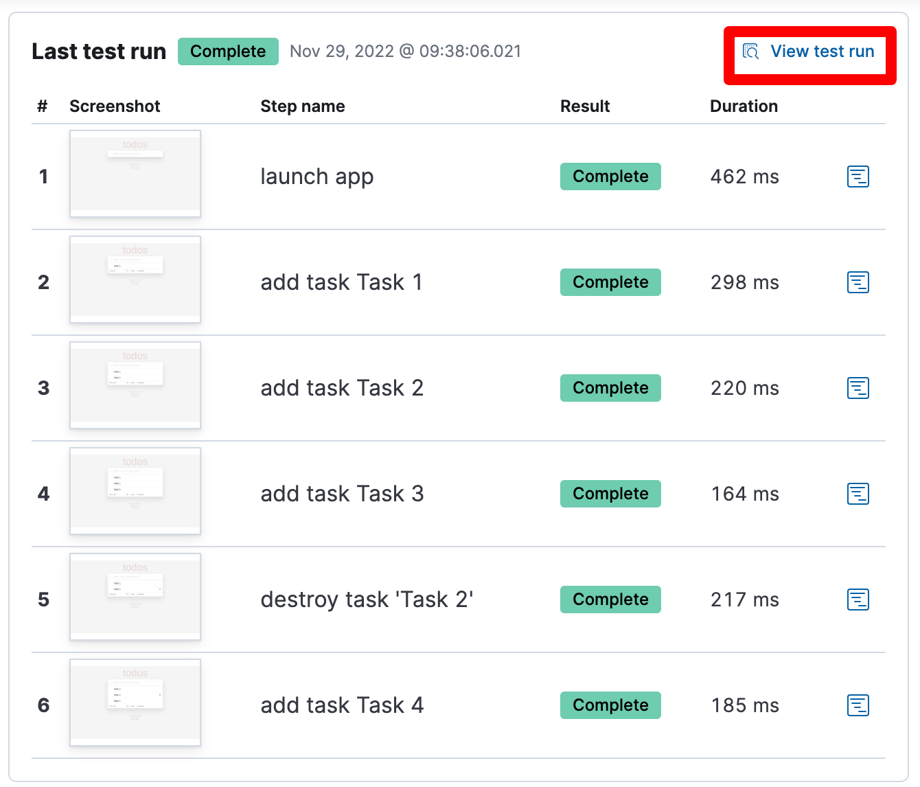[Synthetics] Test run details - Duration by step metric filters by ...