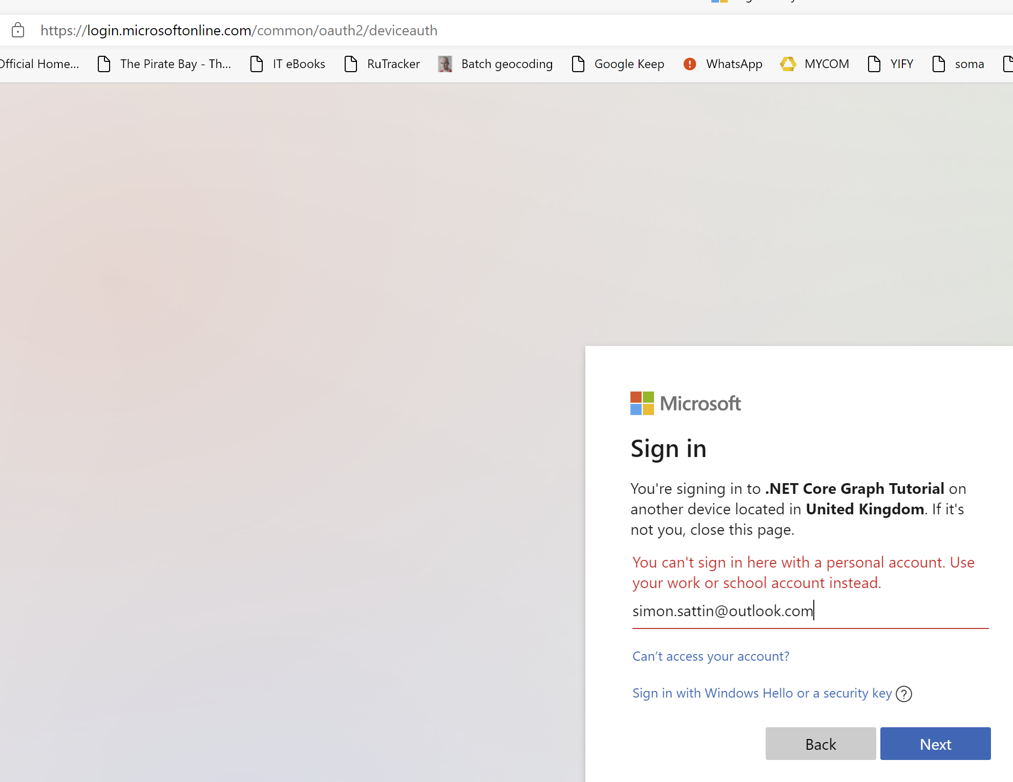 "You can't sign in here with a personal account. Use your work or ...