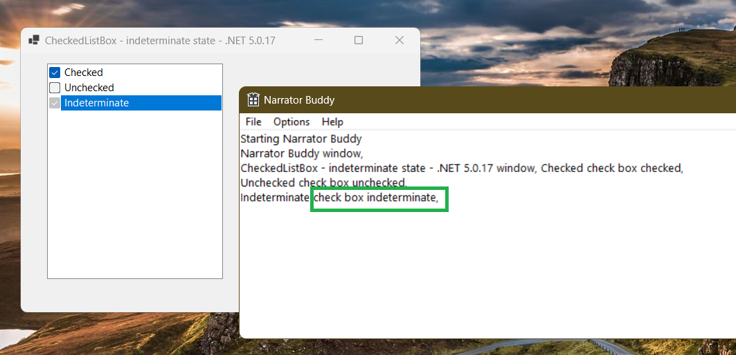 [Accessibility] Narrator cannot announce the indeterminate state of CheckedListBox item ...