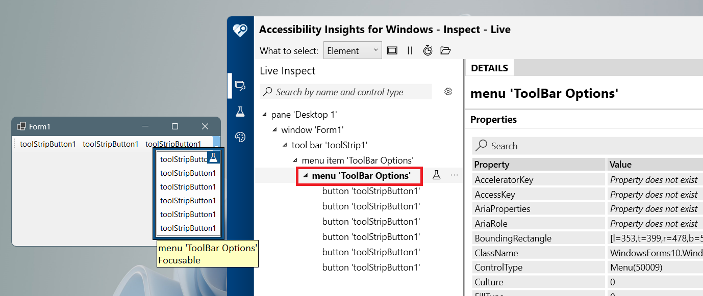 ToolStrip overflow menu is visible in UI Automation tree in Content View · Issue #9384 · dotnet ...