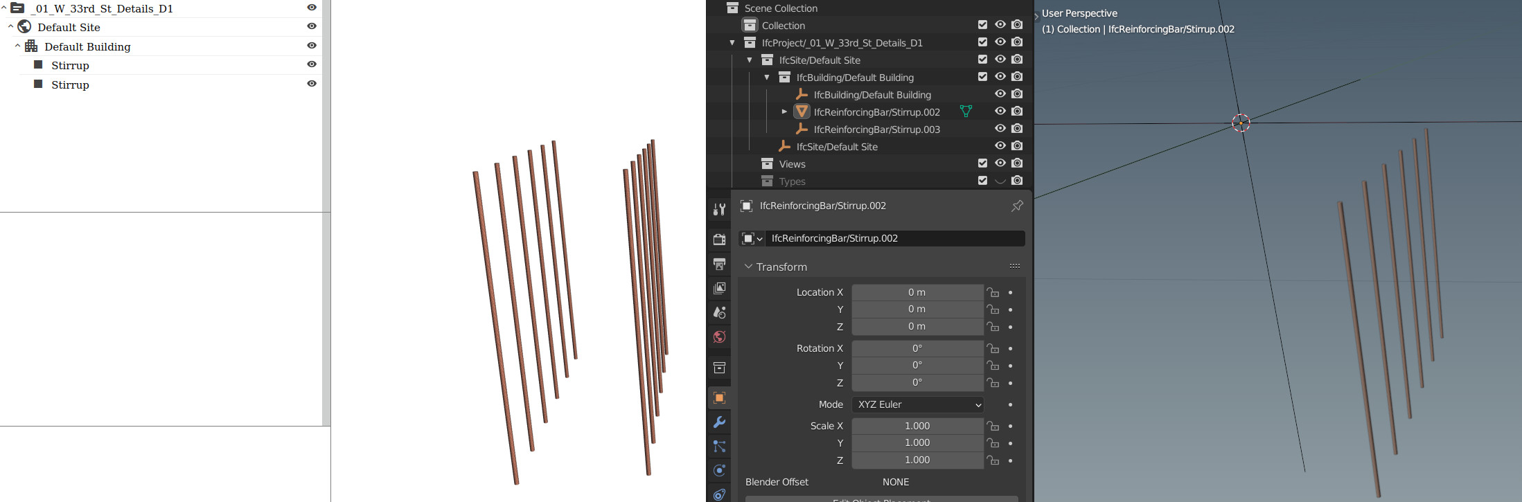 BlenderBIM - two series of rebars, only one is correctly imported in BB ...