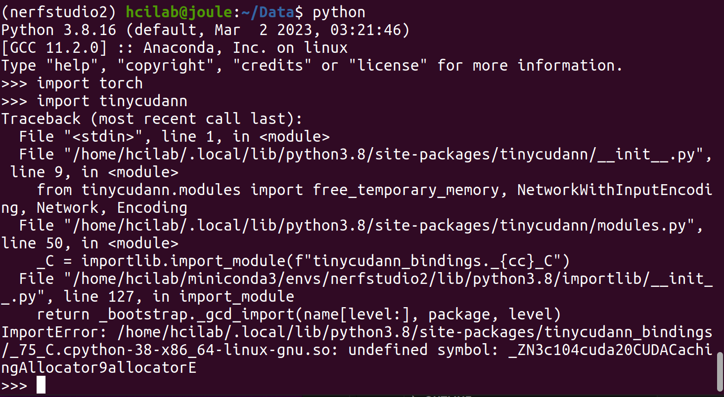 NameError: name 'tcnn' is not defined when trying to train nerfacto · Issue #724 · nerfstudio ...