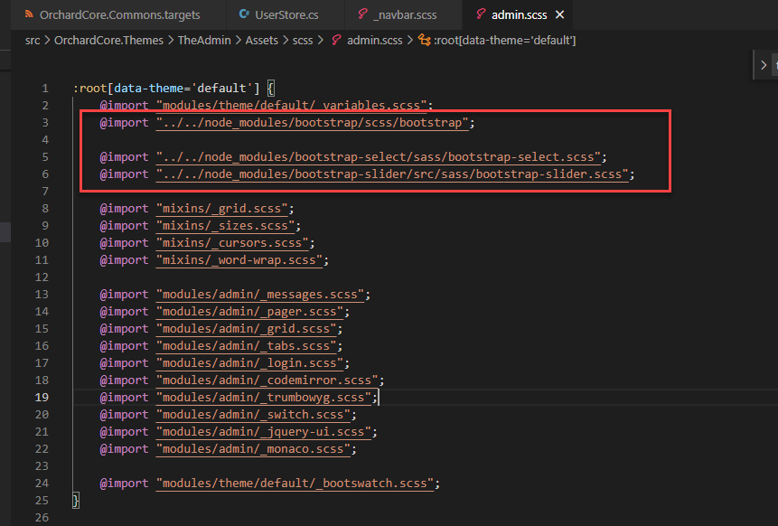 Admin theme - placing bootstrap and 3rd CSS under root[data-theme] cause styling issue as it ...