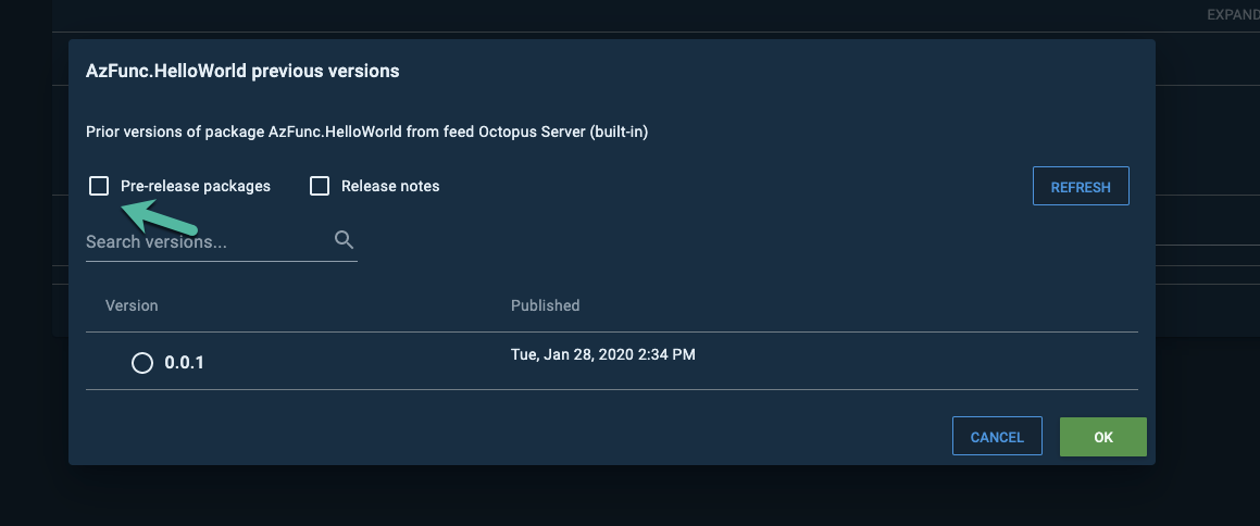 Don't display pre-release packages by default when selecting specific versions for release ...