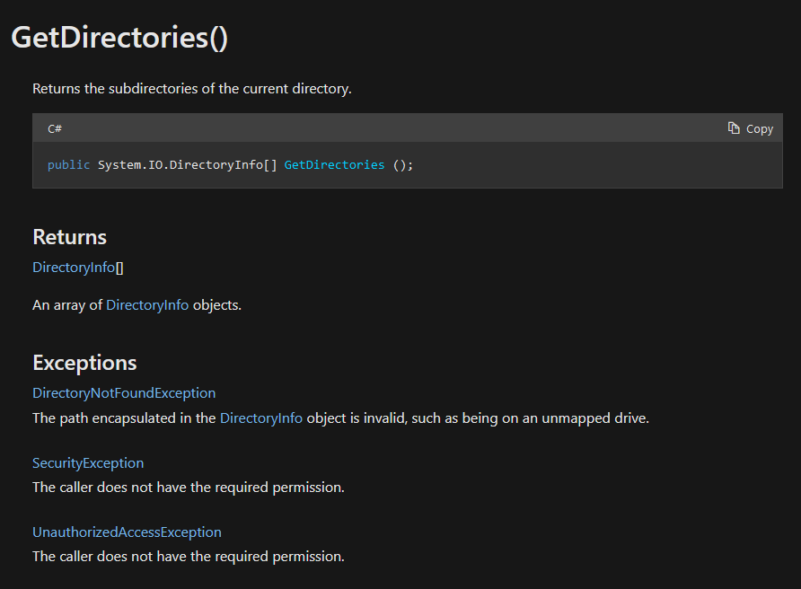 DirectoryInfo.GetDirectories does not list IOException · Issue #8544 · dotnet/dotnet-api-docs ...