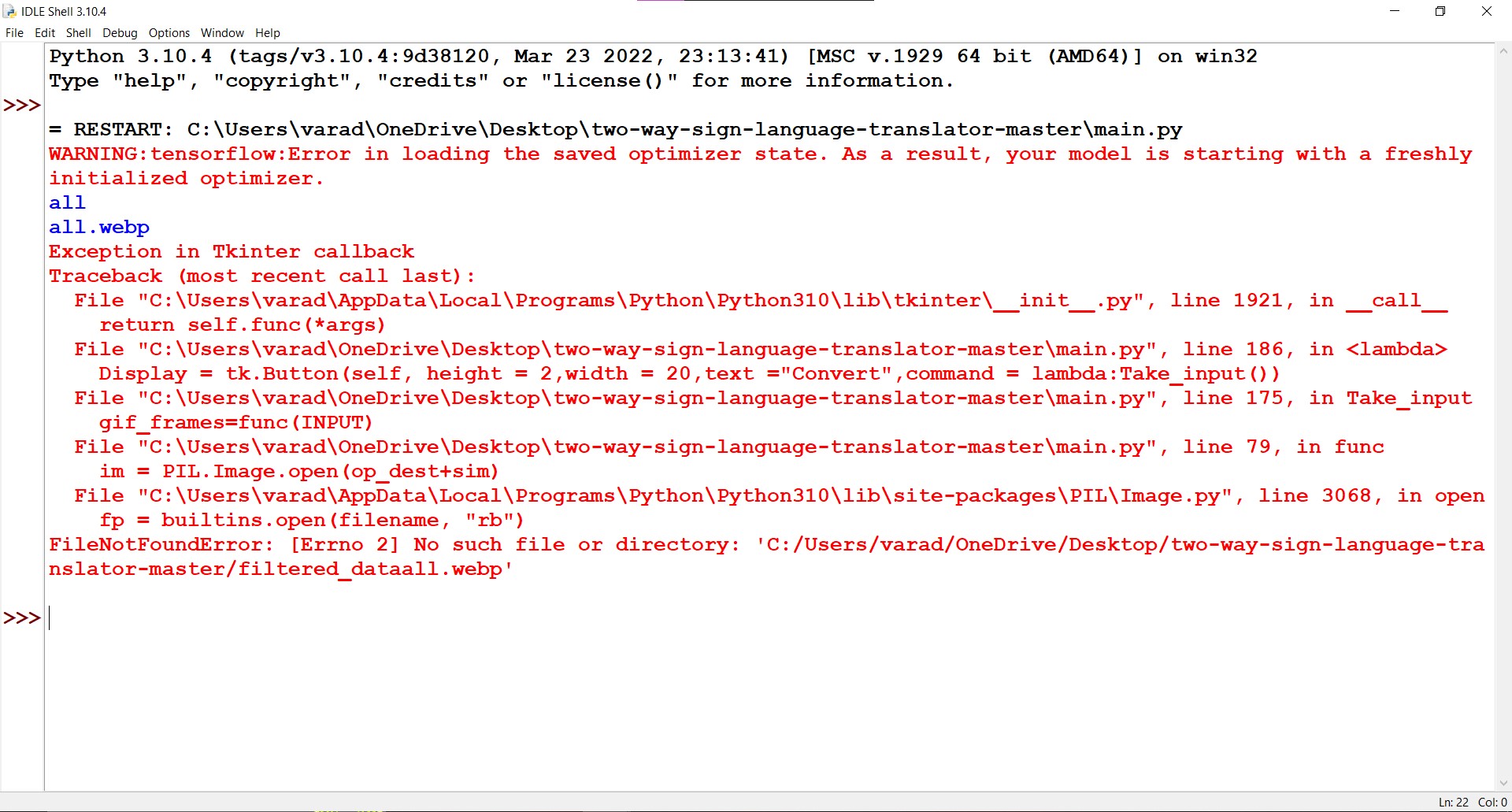 not working · Issue #1 · aniketdhole07/two-way-sign-language-translator ...