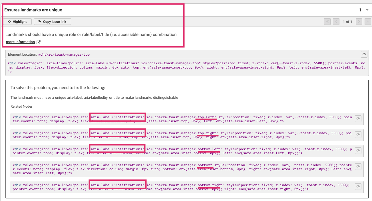 a11y issue: toast-manager elements injected - The element with "region" role is not labeled with ...