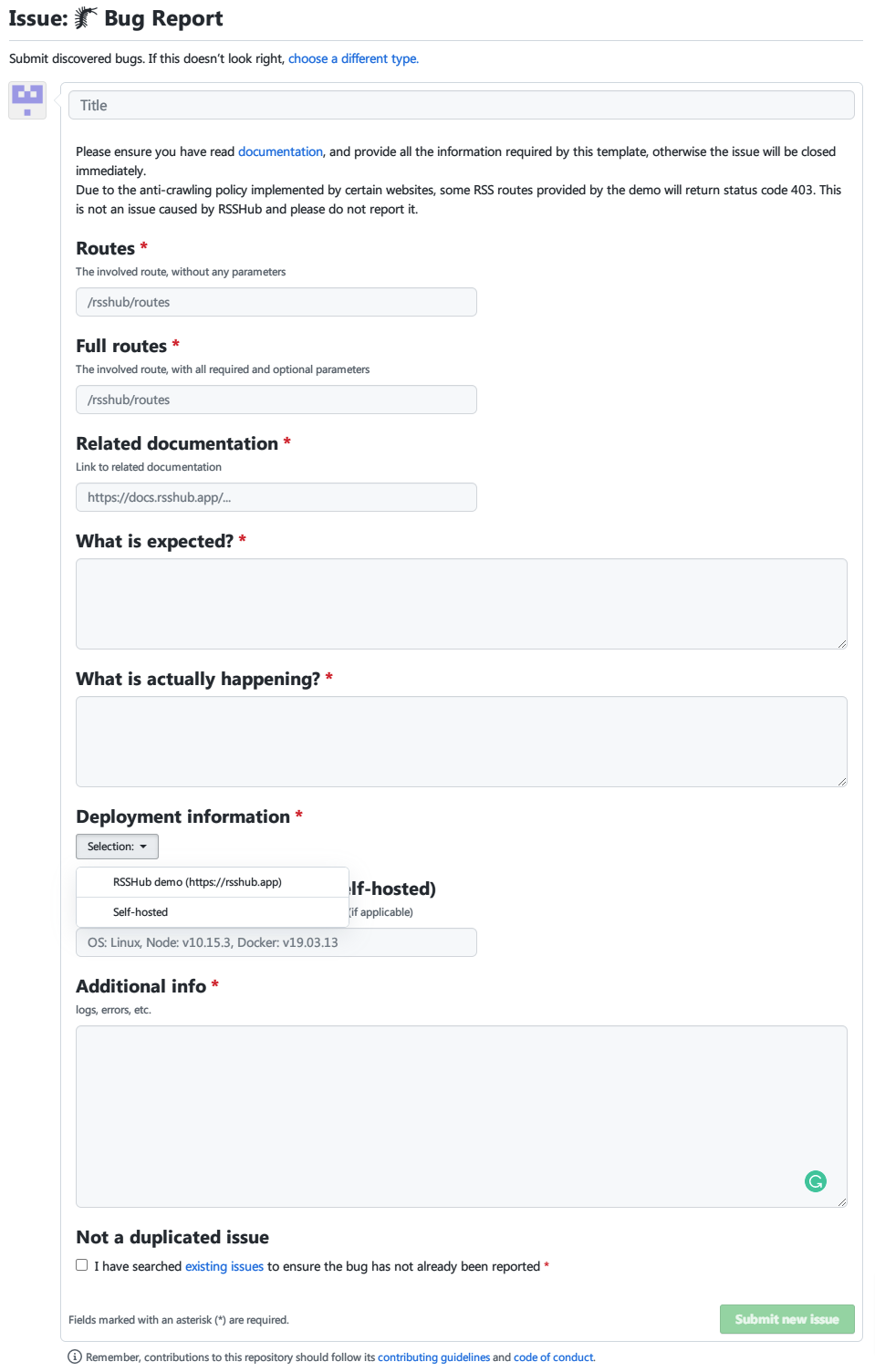 chore(docs): switch to issue forms by TonyRL · Pull Request #8624 · DIYgod/RSSHub · GitHub
