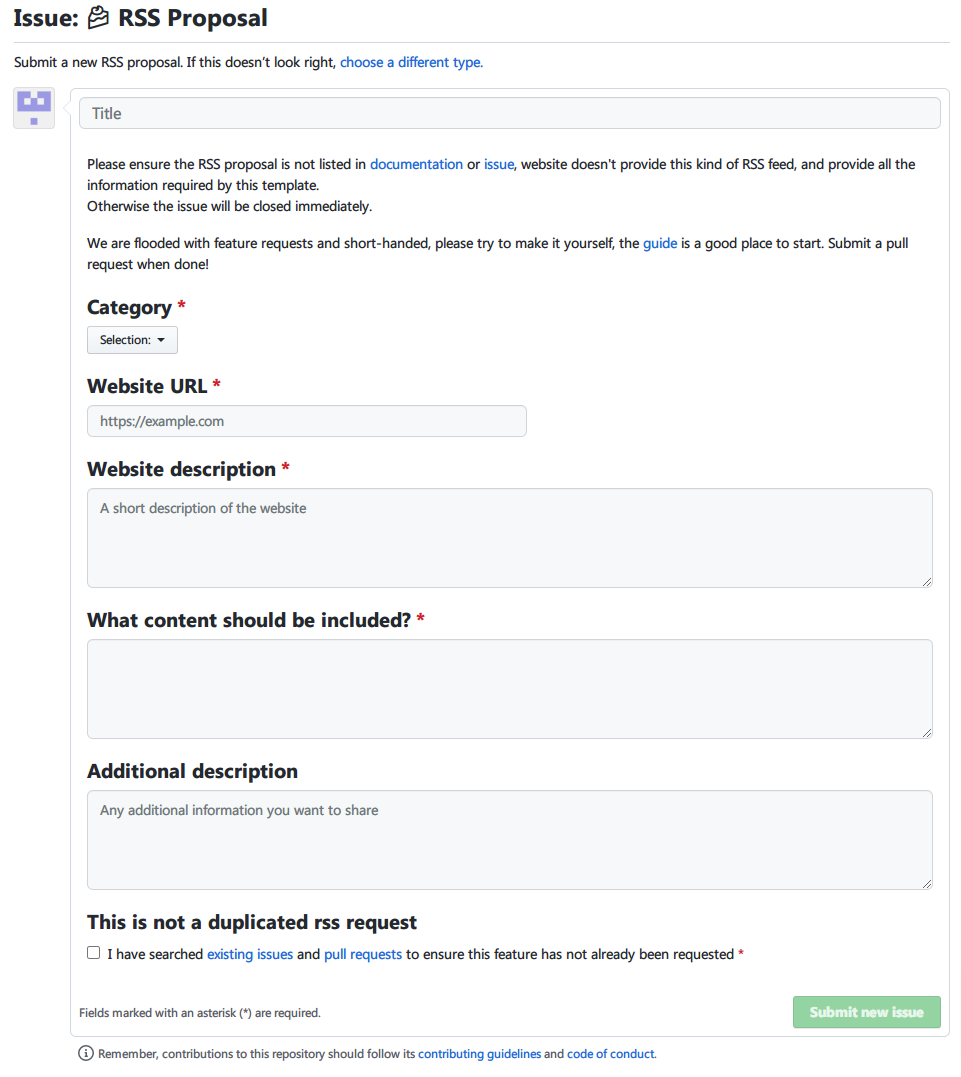 chore(docs): switch to issue forms by TonyRL · Pull Request #8624 · DIYgod/RSSHub · GitHub