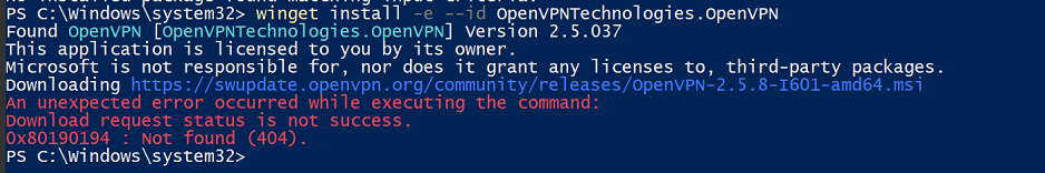 [Package Issue]: 0x80190194 not found OpenVPNTechologies.VPN · Issue #90815 · microsoft/winget ...