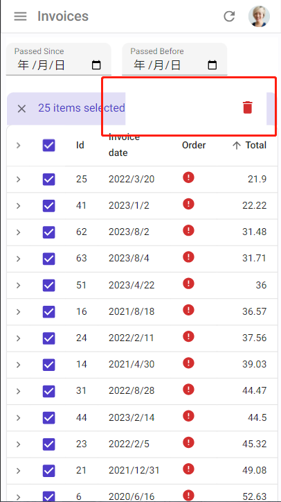 After the Datagrid passed in the bulkActionButtons, when selecting on the mobile phone, there ...