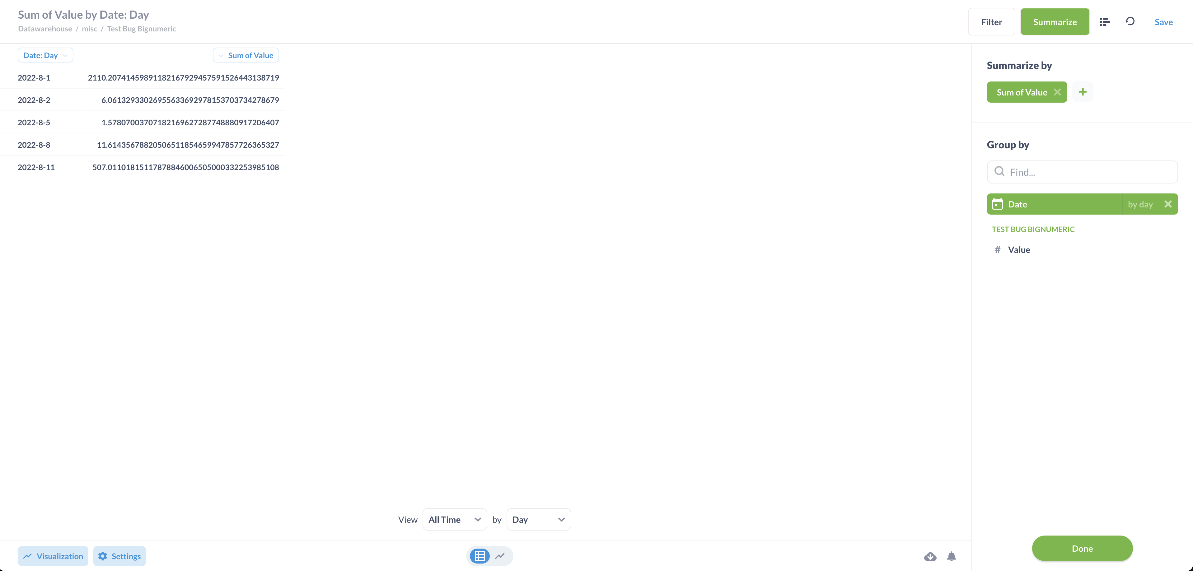 Bigquery Bignumeric Breaks Visualisations · Issue 25505 · Metabasemetabase · Github 