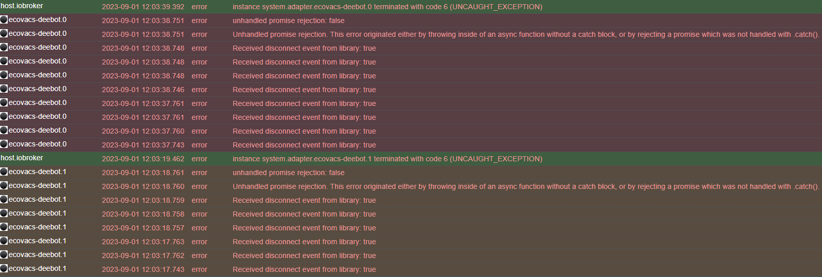 Received disconnect event from library: true · Issue #538 · mrbungle64/ioBroker.ecovacs-deebot ...