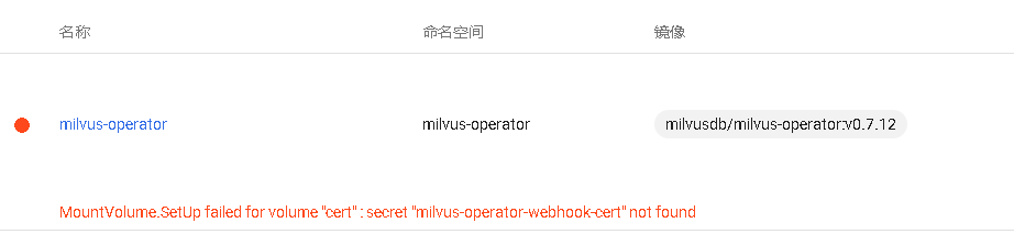 [Bug]: MountVolume.SetUp failed for volume "cert" : secret "milvus-operator-webhook-cert" not ...