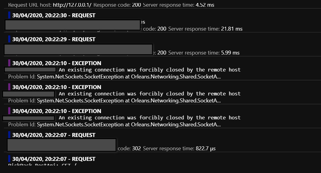 Microsoft.AspNetCore.Connections.ConnectionResetException: An existing connection was forcibly ...