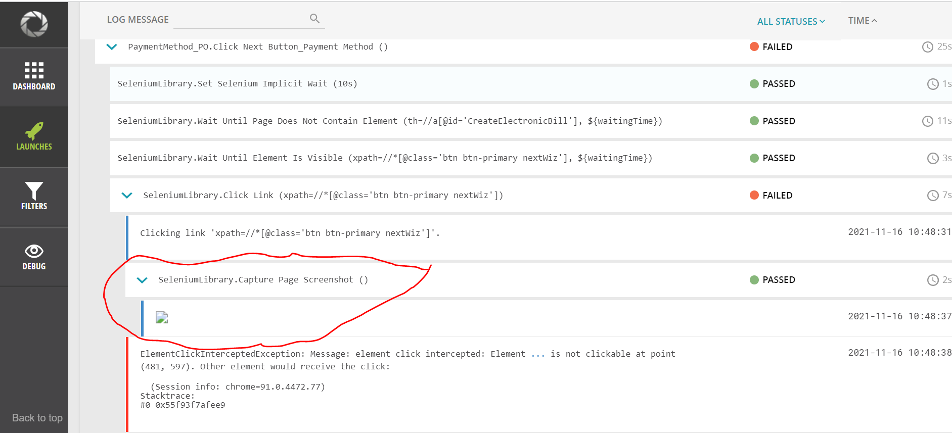 Screenshots within "Capture page Screenshot" steps displayed as broken ...