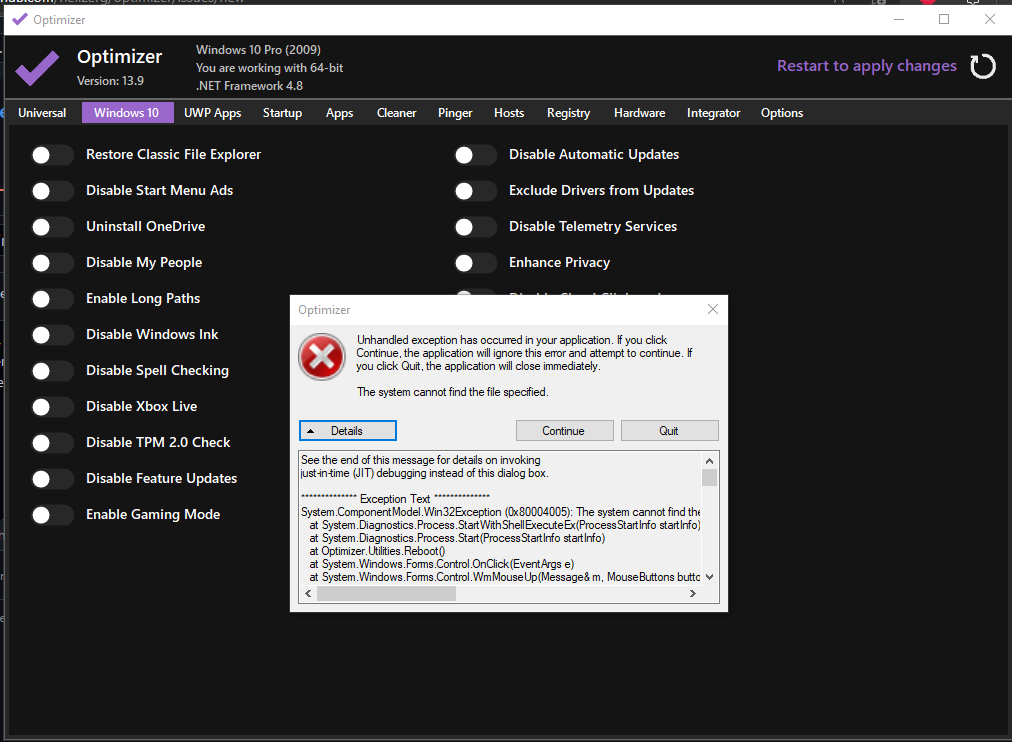 Optimizer gives a error when needs to restart to apply a setting. · Issue #228 · hellzerg ...