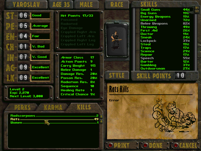 *Error* line instead of description of all killed critters · Issue #140 · rotators/Fo1in2 · GitHub