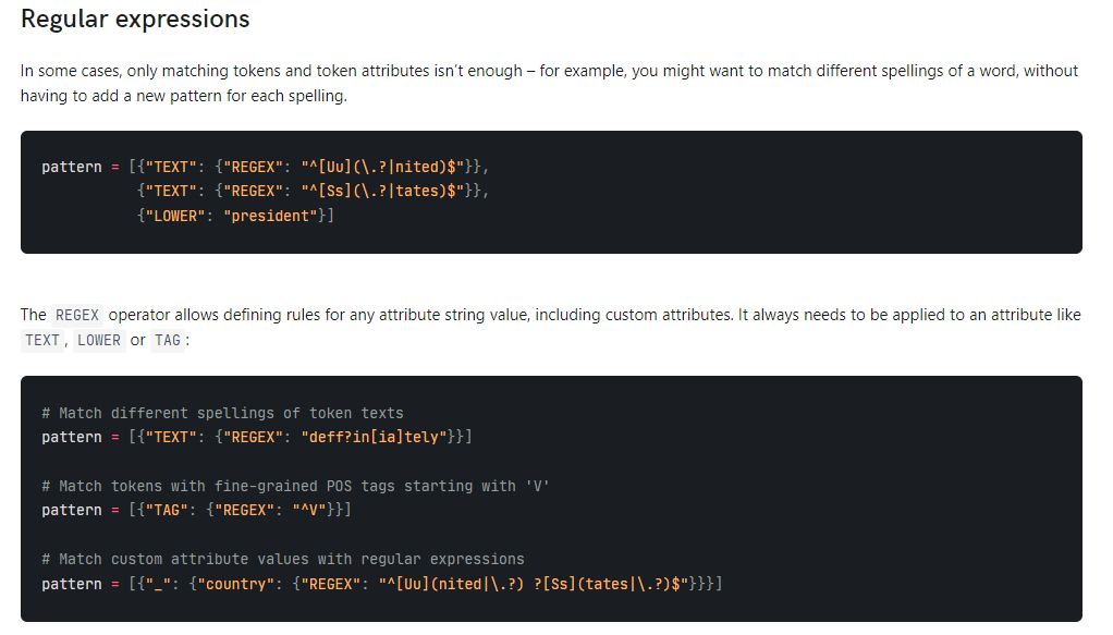 Are you aware that spaCy actually supports regex pattern matches via the REGEX operator? · Issue ...