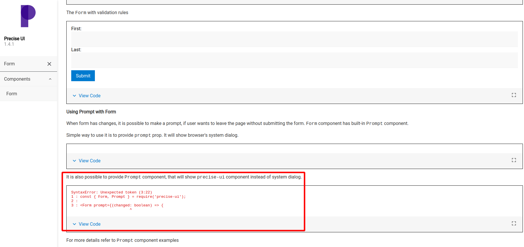 The error in the Form component example in the kitchensink · Issue #319 · ZEISS/precise-ui · GitHub