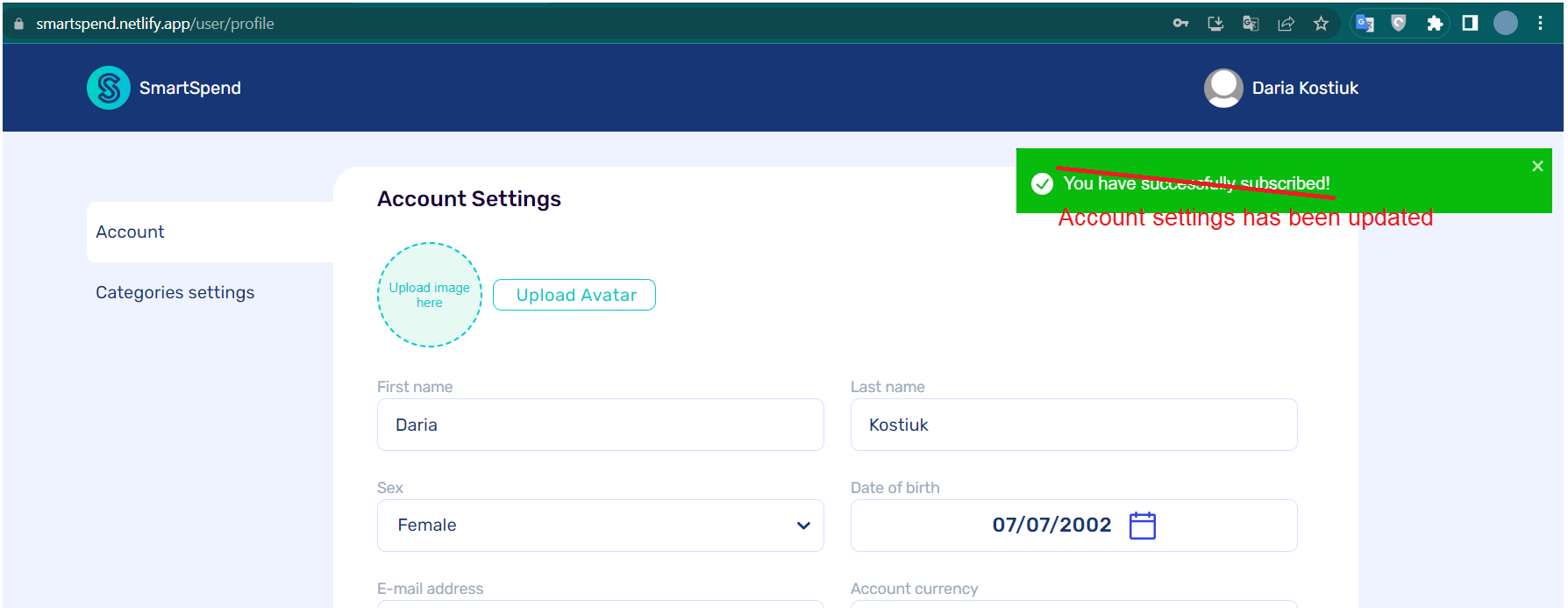 Add popup message which informs about successful account settings update · Issue #589 ...