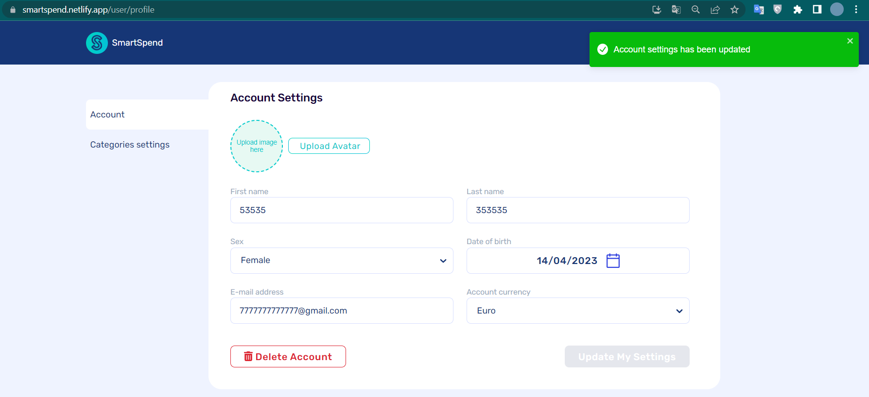 Add popup message which informs about successful account settings update · Issue #589 ...