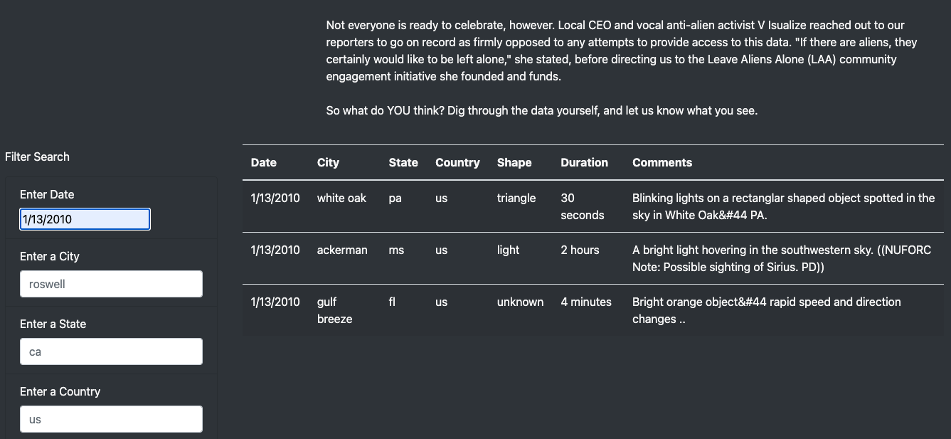 GitHub - John-Kuchinski/UFOs: Creating webpage with Javascript for UFOs