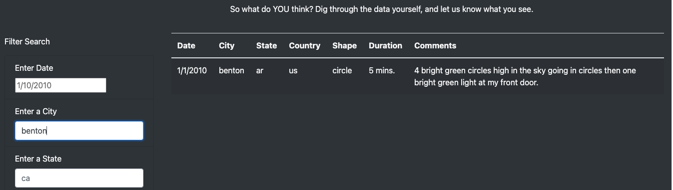 GitHub - John-Kuchinski/UFOs: Creating webpage with Javascript for UFOs