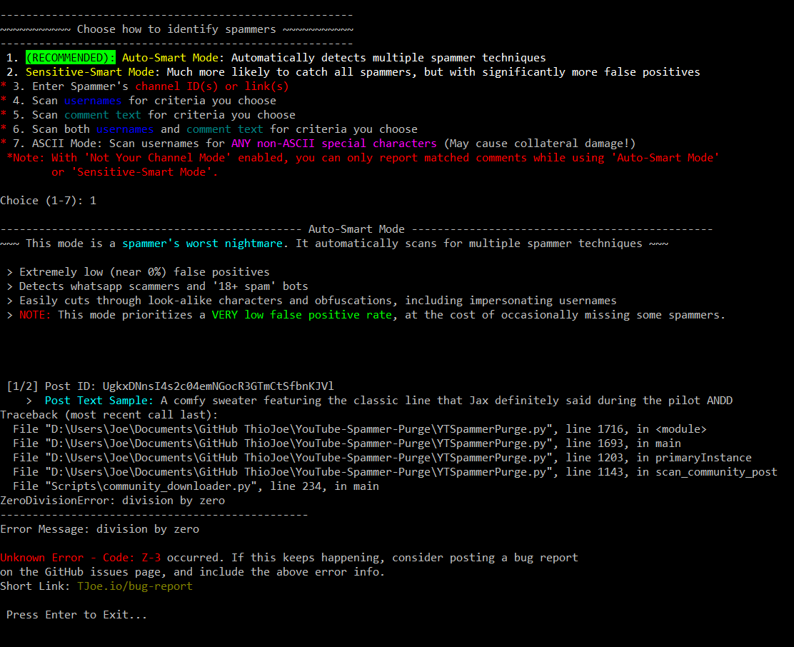 [Bug]: Divide By Zero · Issue #1078 · ThioJoe/YT-Spammer-Purge · GitHub