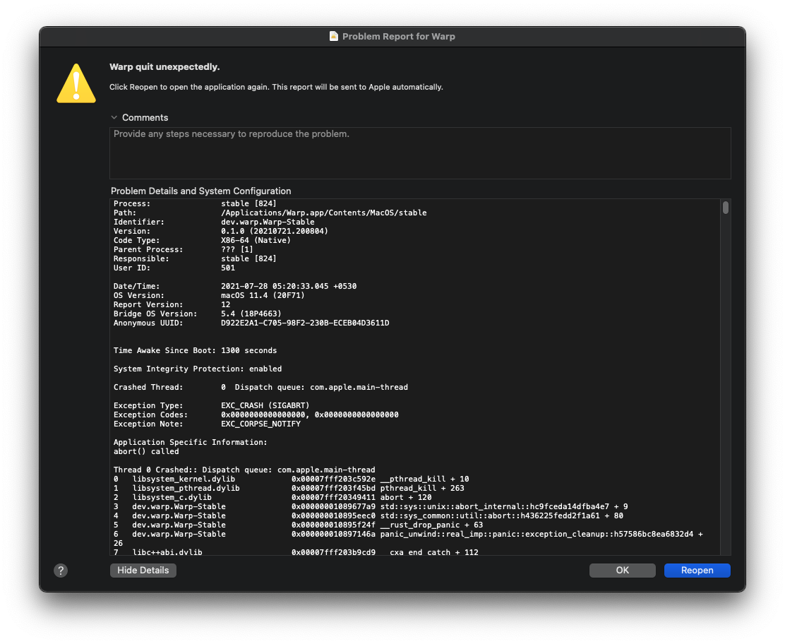 Core: Warp crashes when attempting to run an alias · Issue #74 ...