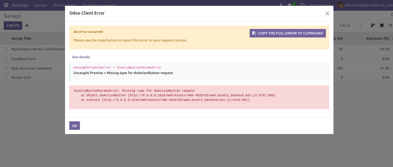 [16.0] survey : Error on click of the survey certification button. · Issue #104778 · odoo/odoo ...