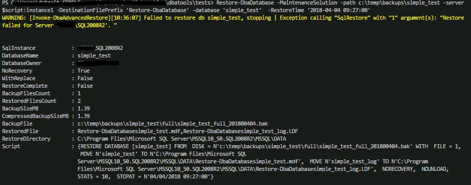 Restore-DbaDatabase fails if source DB was in SIMPLE RecoveryMode and you specify a RecoveryTime ...