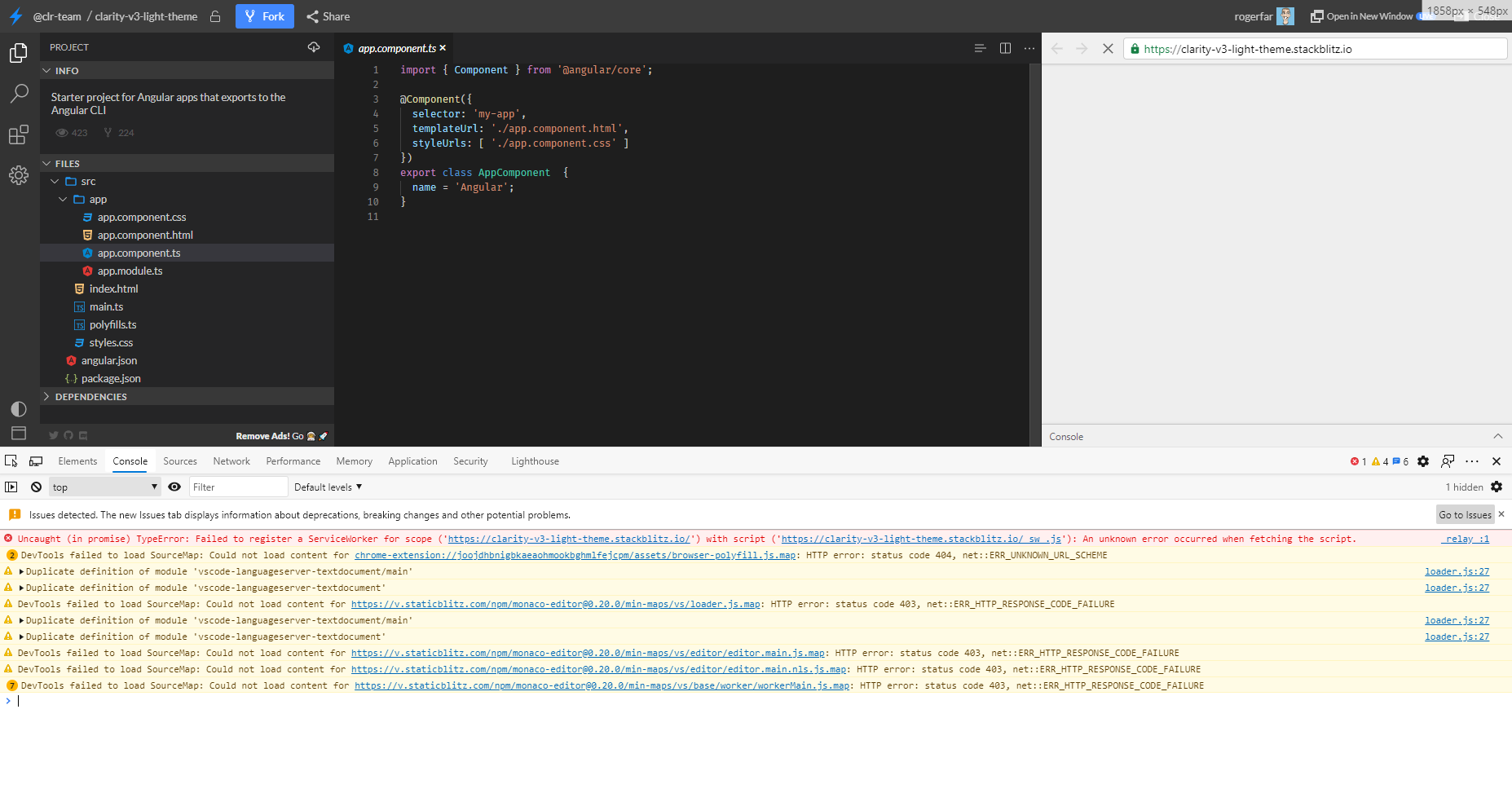 Clarity design projects broken · Issue #1305 · stackblitz/core · GitHub