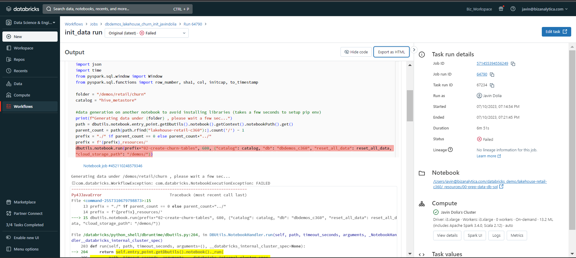 Dbdemoslakehousechurninit Failed With Notebook Exception Comdatabricksworkflowexception 4730