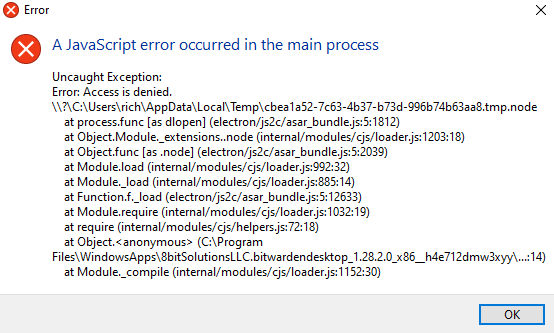 JavaScript error occurred in the main process - requires running as ...