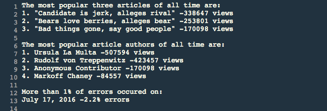GitHub - meyag9/LogAnalysis: Report a site's user activity by connecting to a database and using ...