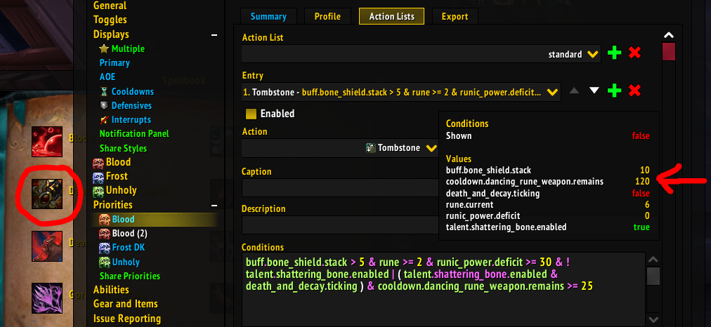 [REC] Blood DK, cooldown.dancing_rune_weapon.remains not updating within the Standard Tombstone ...