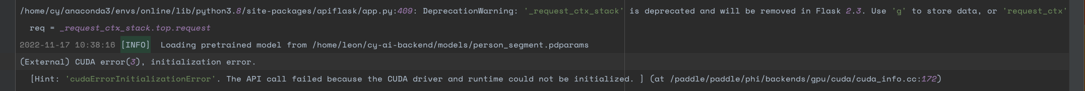 在使用uwsgi这个web服务器调用paddle，来调用训练的人像抠图时报The API call failed because the CUDA driver and runtime ...