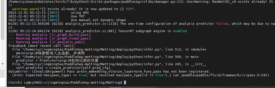 采用paddleseg Matting Deploy Python Infer Py打开 Use Trt使用加速的时候报错 · Issue 2796 · Paddlepaddle