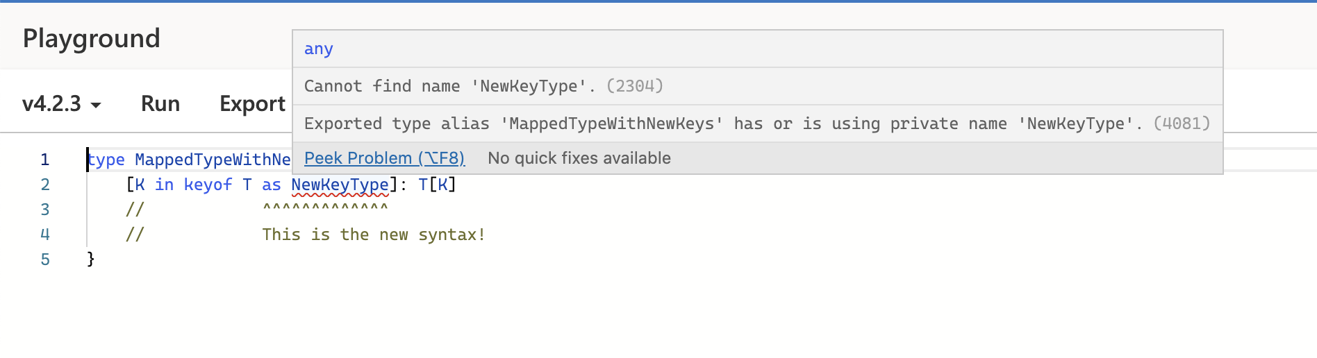 Key Remapping not working in Typescript playground for TS version 4.1.5 and 4.2 · Issue #44355 ...