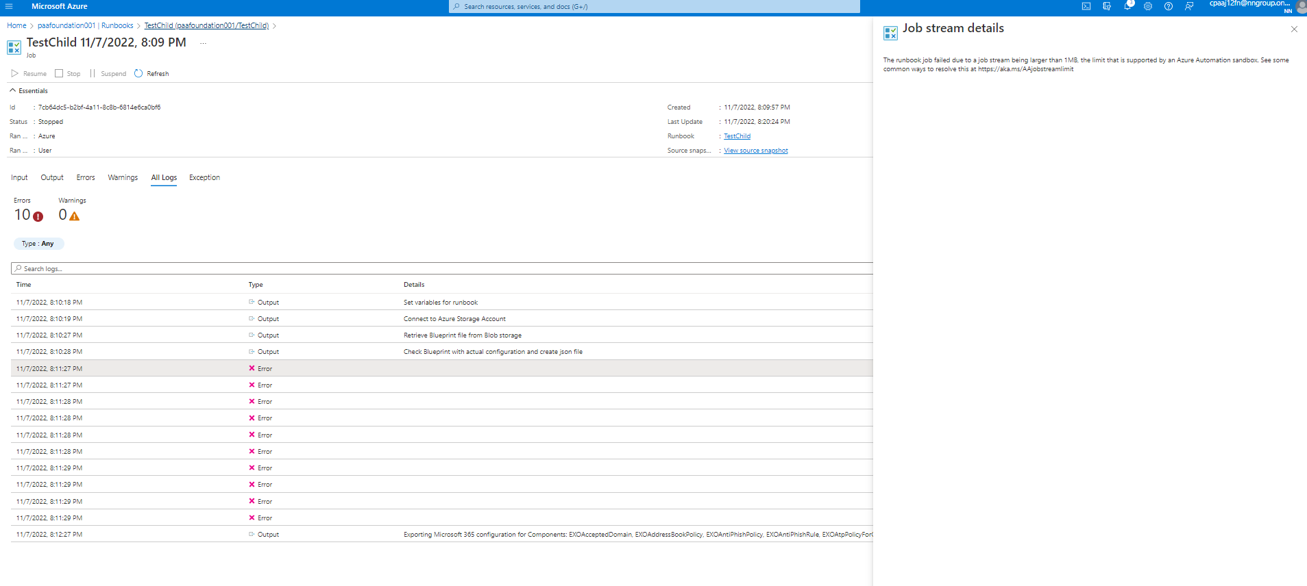 Assert-M365DSCBlueprint: The runbook job failed due to a job stream ...