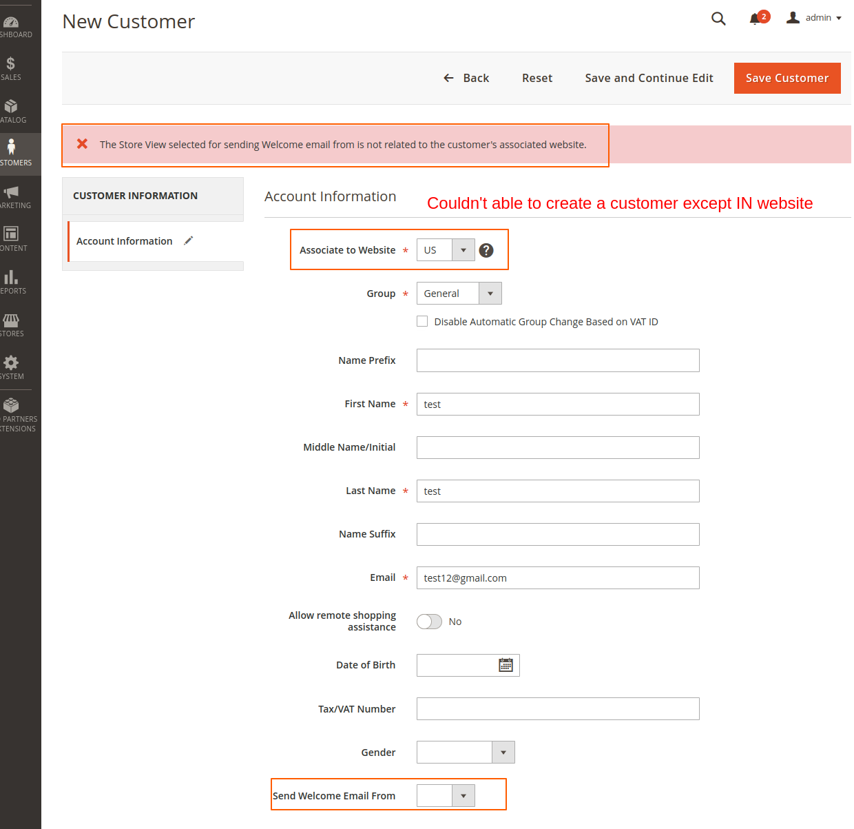 Couldn't able to create a customer in admin panel for multi website (Magento Version : 2.4.4 ...
