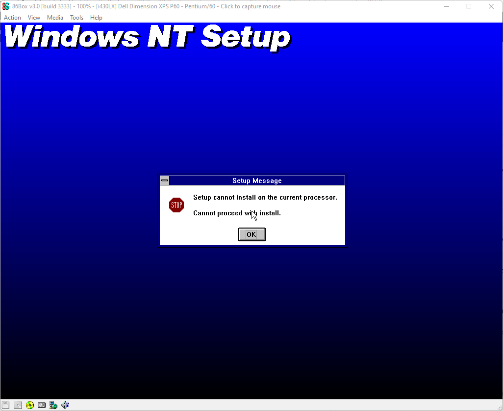 Windows NT 3.1 errors out about incompatible CPU on compatible hardware during setup · Issue ...