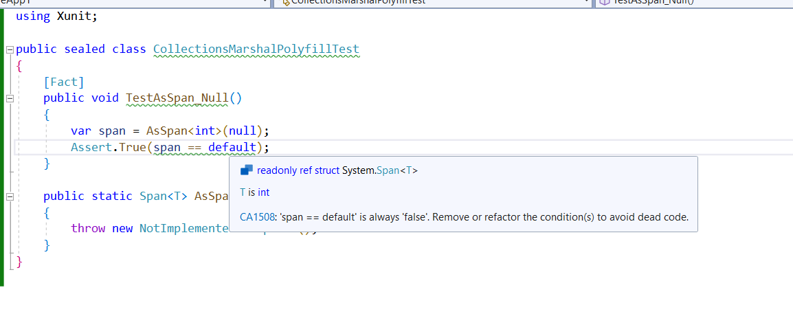 CA1508 (Avoid dead conditional code) false positive · Issue #6908 · dotnet/roslyn-analyzers · GitHub