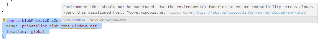 Warning `no-hardcoded-env-urls` on Private DNS Zone overly strict · Issue #6046 · Azure/bicep ...