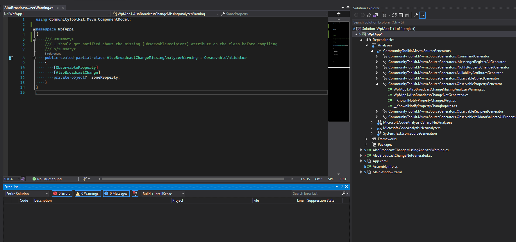 [ObservableRecipient] does not generate Analyzer warning when using [AlsoBroadcastChange] on ...